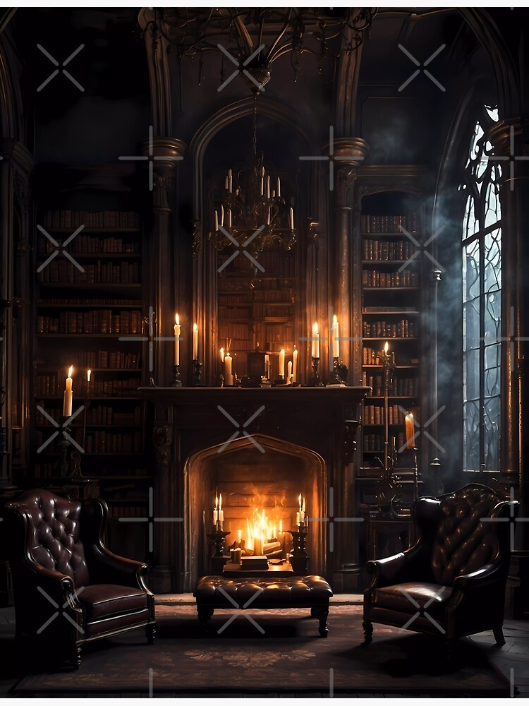 "Dark academia library with fireplace" Poster by BrisaArtPrints | Redbubble