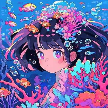 "Adorable Underwater Coral Reef Anime Girl" Art Board Print for Sale by ...