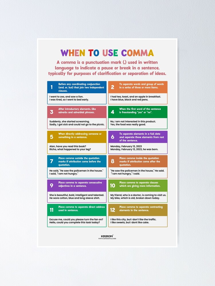 "Comma Rules, English Grammar" Poster for Sale by KriRon-Edu | Redbubble