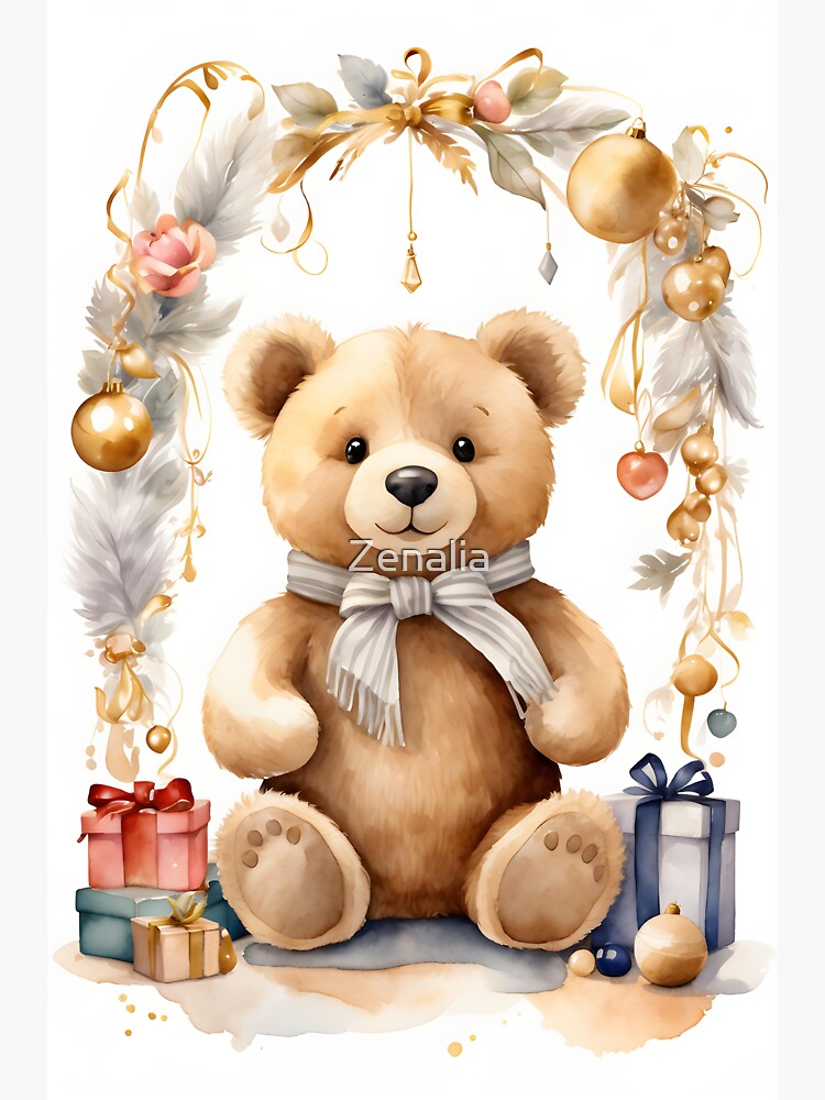 "Watercolor cute Christmas bear clipart, cute Teddy bear, Christmas ...