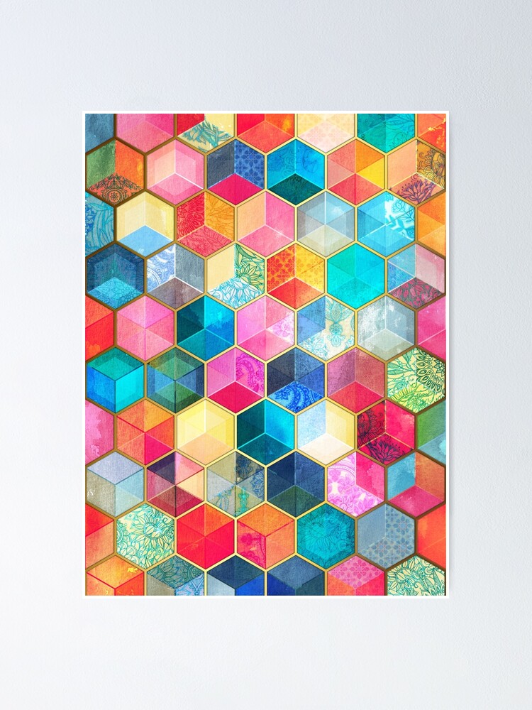 "Crystal Bohemian Honeycomb Cubes - colorful hexagon pattern" Poster ...