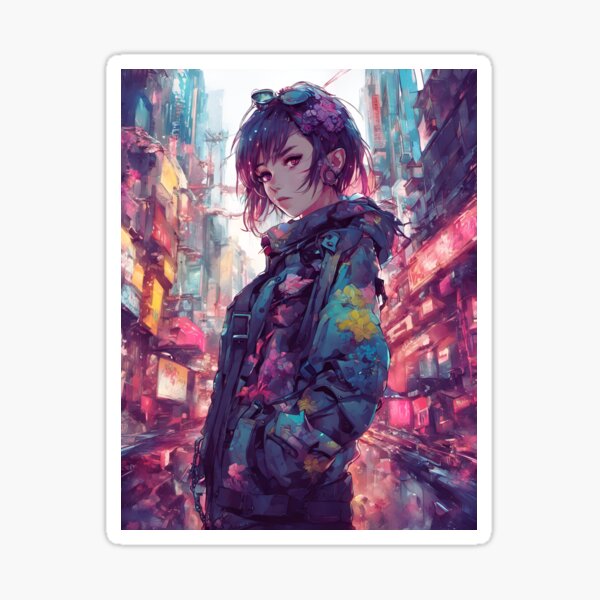 "Cute Anime Girl Cyberpunk City" Sticker for Sale by SilverSunStudio ...