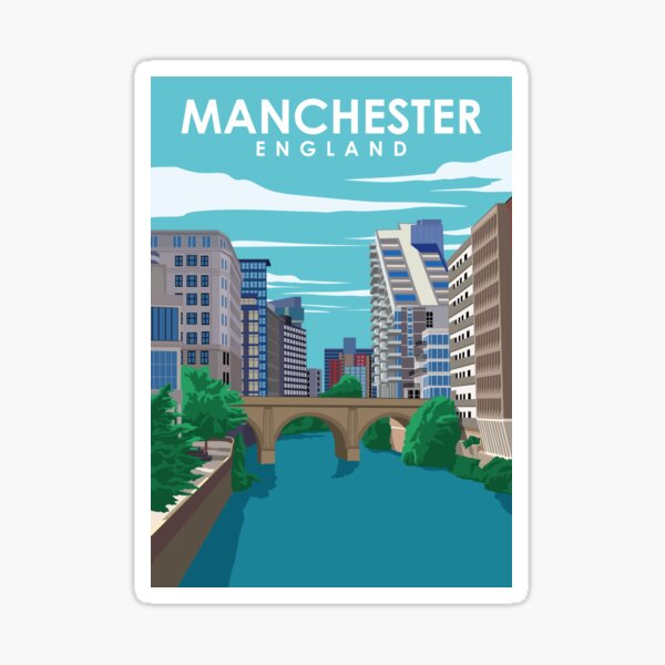 "Manchester England Vintage Minimal Retro Travel Poster" Sticker for ...