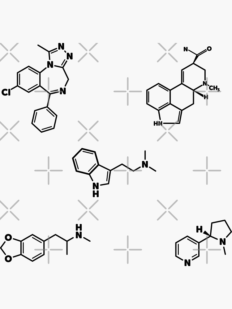 "Xanax, LSD, DMT, MDMA, Nicotine Chemical Structure Molecules" Sticker ...