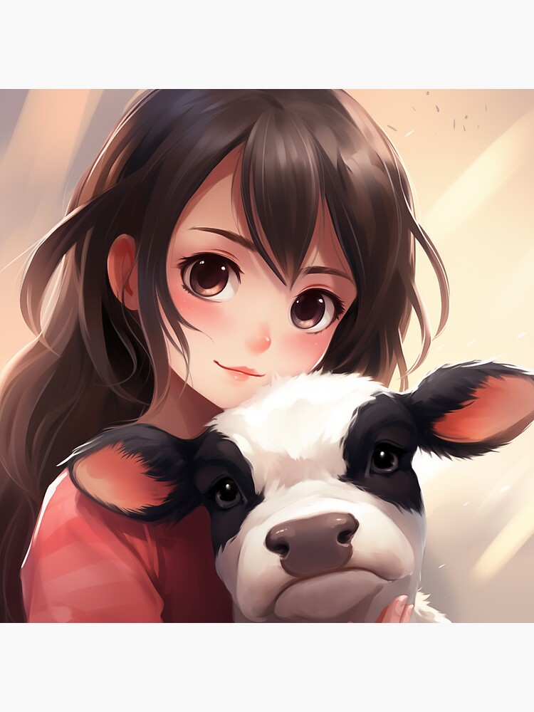 "Cute Anime Girl with a Calf" Sticker for Sale by Dramaqueenbee | Redbubble