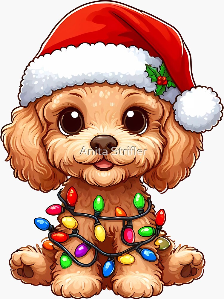 "Cartoon Santa Cavoodle Tangled Up In Christmas Tree Lights" Sticker ...
