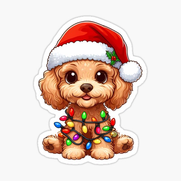 "Cartoon Santa Cavoodle Tangled Up In Christmas Tree Lights" Sticker ...