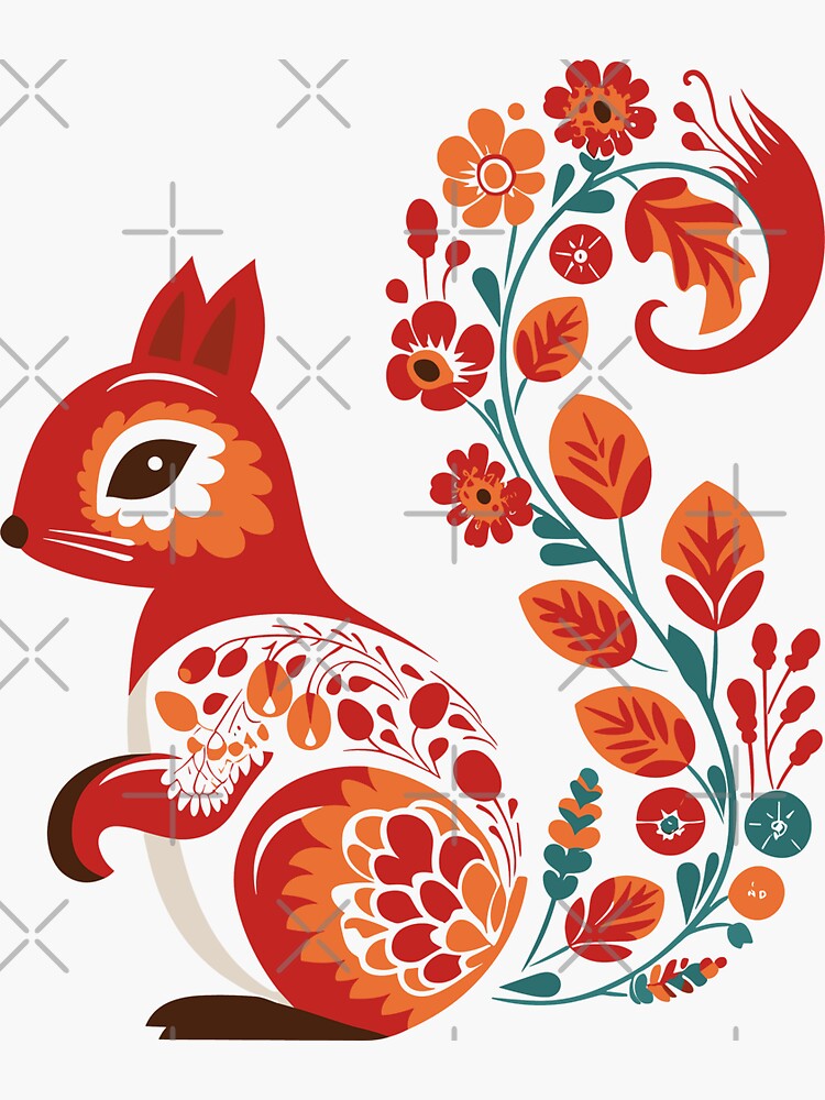 "Red Squirrel Folk Art" Sticker for Sale by ImprintMage | Redbubble