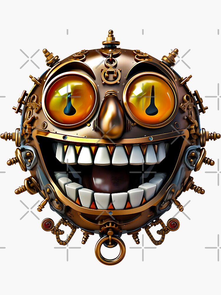 "Steampunk Faulty Crazy Clockwork Robot Evil Smiley Emoji" Sticker for ...