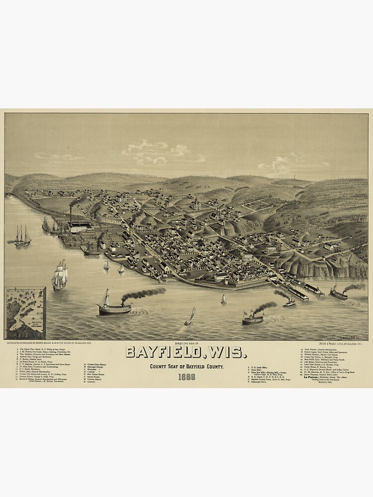 "Vintage Pictorial Map of Bayfield WI (1886)" Sticker for Sale by ...
