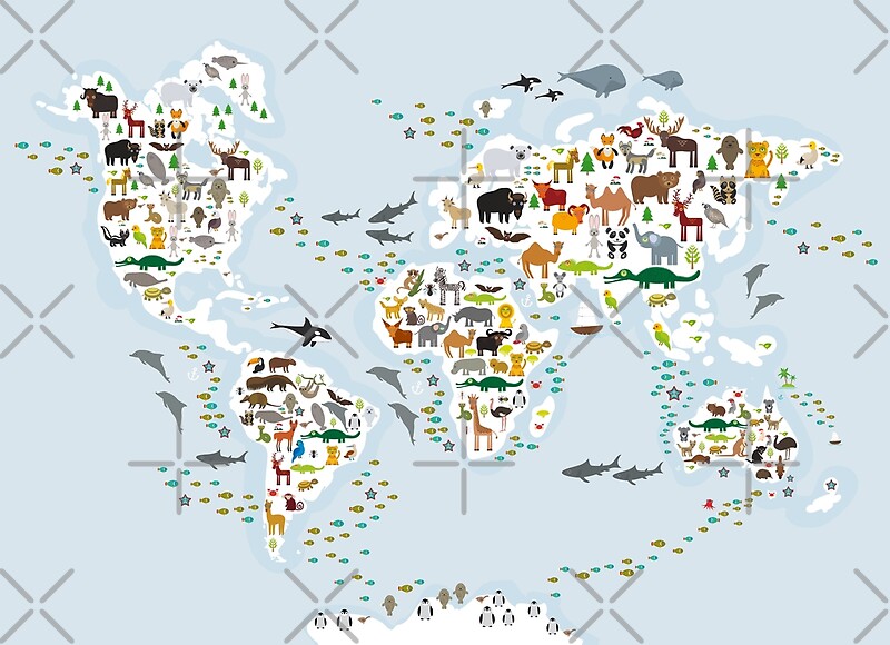 "Cartoon animal world map for children and kids, Animals from all over ...