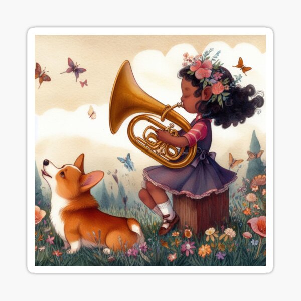 "Girl in Purple Dress Playing Tuba with Corgi in Meadow with ...