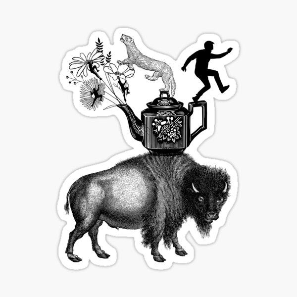 "Balancing People, Ferret, and Teapot on a Buffalo, Black and White ...