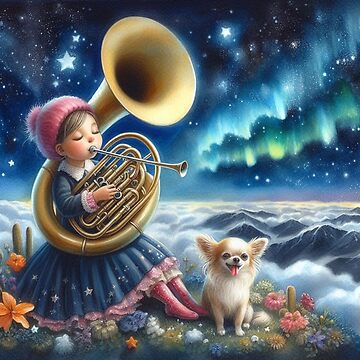 "Girl Playing Sousaphone with Chihuahua on Flowery Mountain on Starry ...