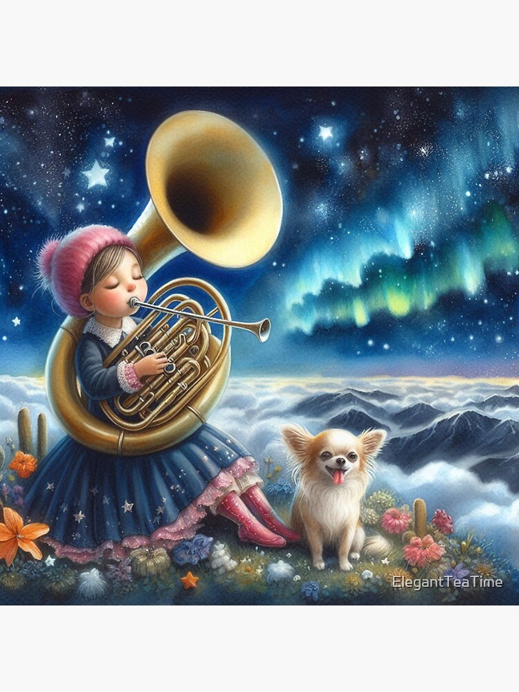 "Girl Playing Sousaphone with Chihuahua on Flowery Mountain on Starry ...