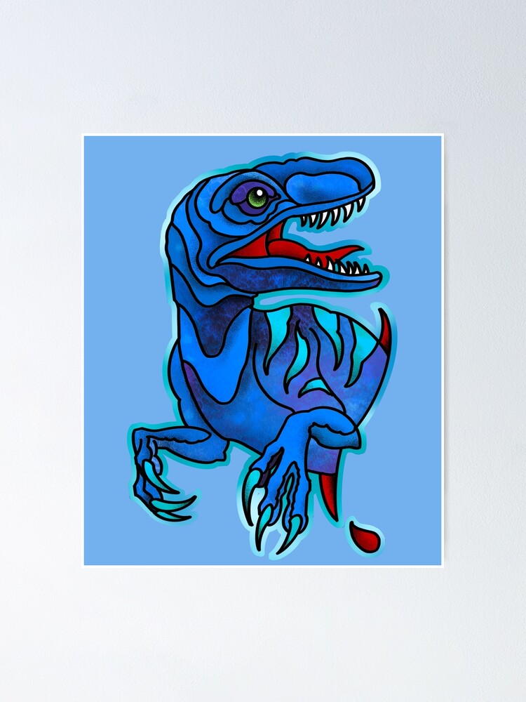 "Blue Tyrannosaurus rex tearing out of skin with blood dripping" Poster ...