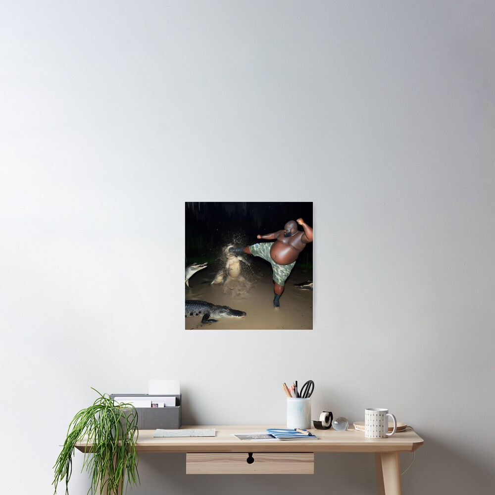 "Gumbo Slice Meme Fat Black Guy Kicking Alligator" Art Print for Sale ...