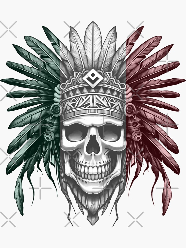 "Aztec Warrior Mexican Flag Skull" Sticker for Sale by HechoEnAztlan ...