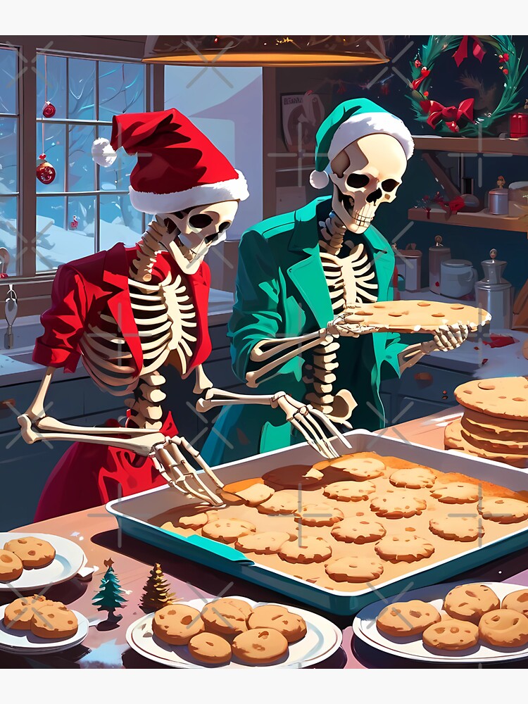 "Whimsical Skeletons Christmas Feast in Cozy Kitchen" Sticker for Sale ...