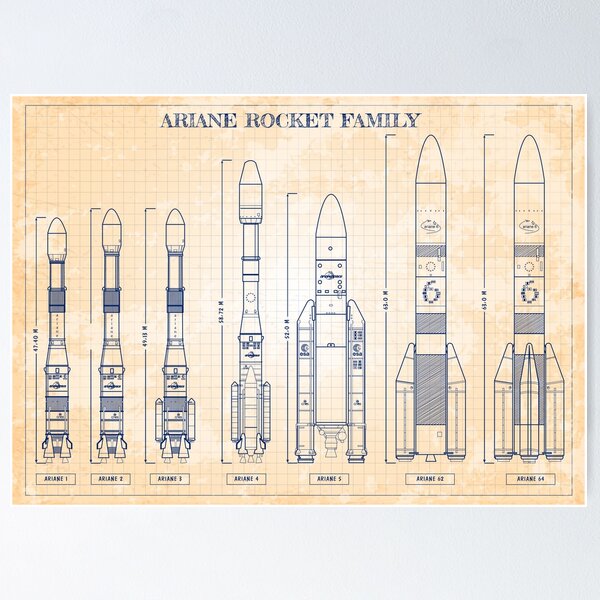 "Ariane Rocket Family (Old Blue Grid Blueprint)" Poster for Sale by ...