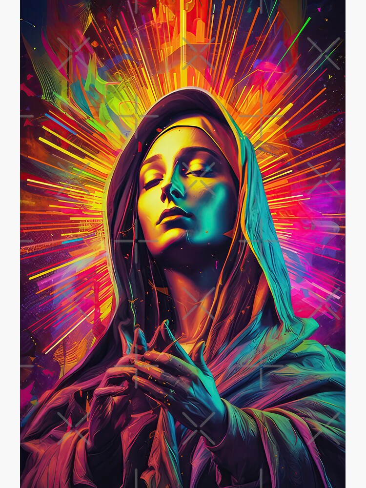 "Radiant Neon Virgin Mary - Colorful Spiritual Art" Sticker for Sale by ...