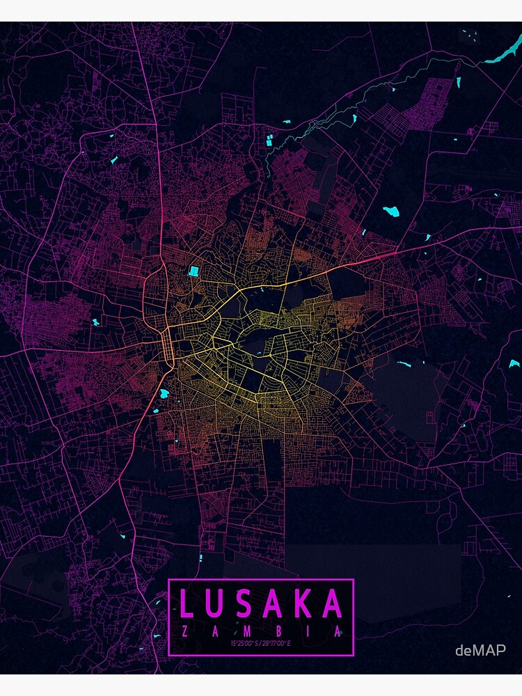 "Lusaka City Map of Zambia - Neon" Poster for Sale by deMAP | Redbubble