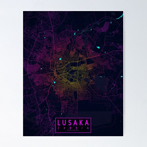 "Lusaka City Map of Zambia - Neon" Poster for Sale by deMAP | Redbubble