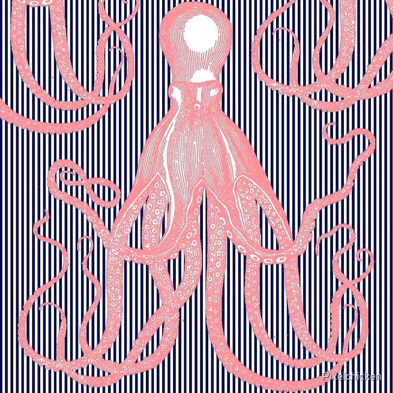 "Jaunty Pink Antique Octopus on Thin navy and white Stripes" by ...