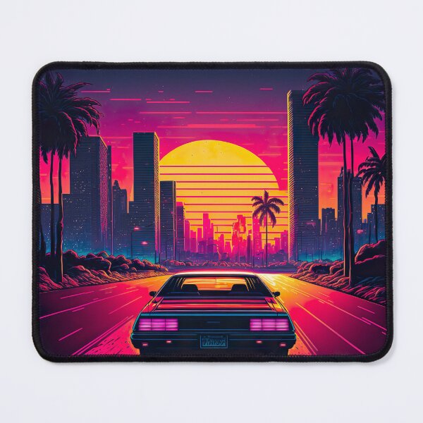"Car Driving Towards Synthwave Sun Through 80s Miami" Mouse Pad for ...