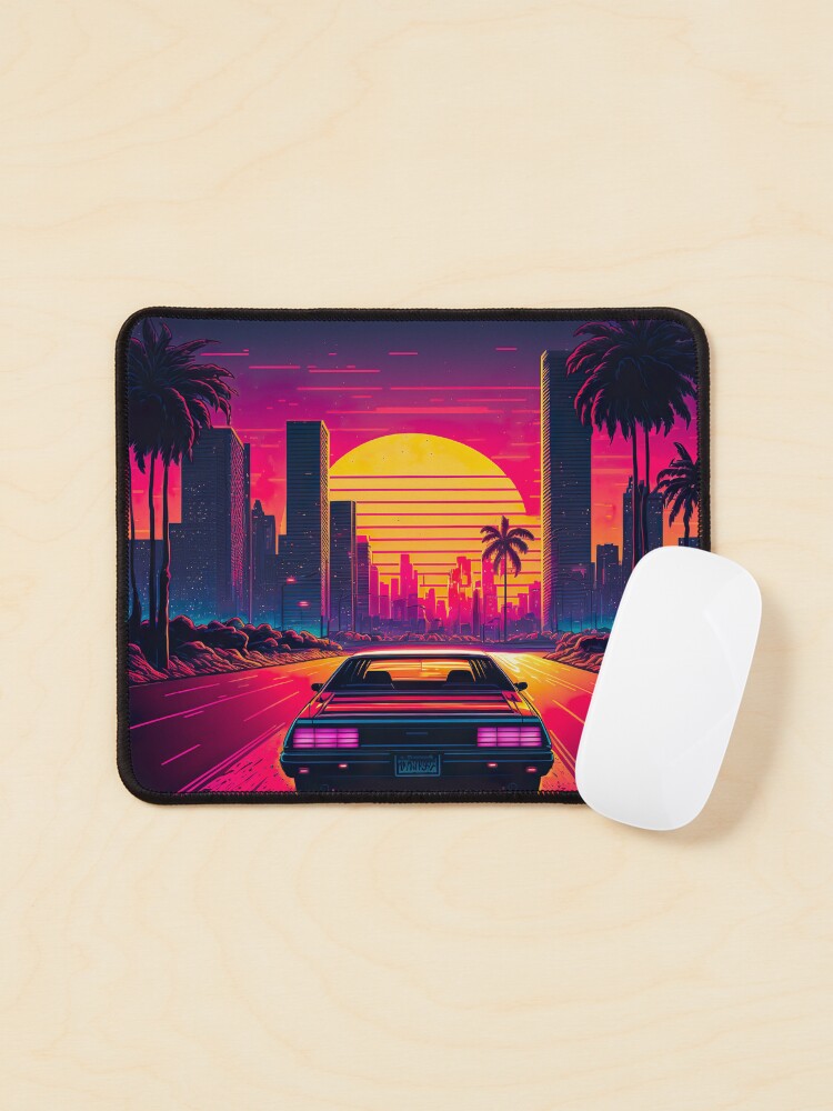 "Car Driving Towards Synthwave Sun Through 80s Miami" Mouse Pad for ...