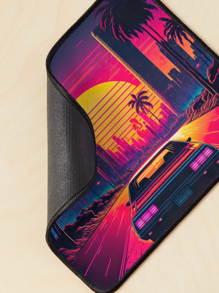 "Car Driving Towards Synthwave Sun Through 80s Miami" Mouse Pad for ...
