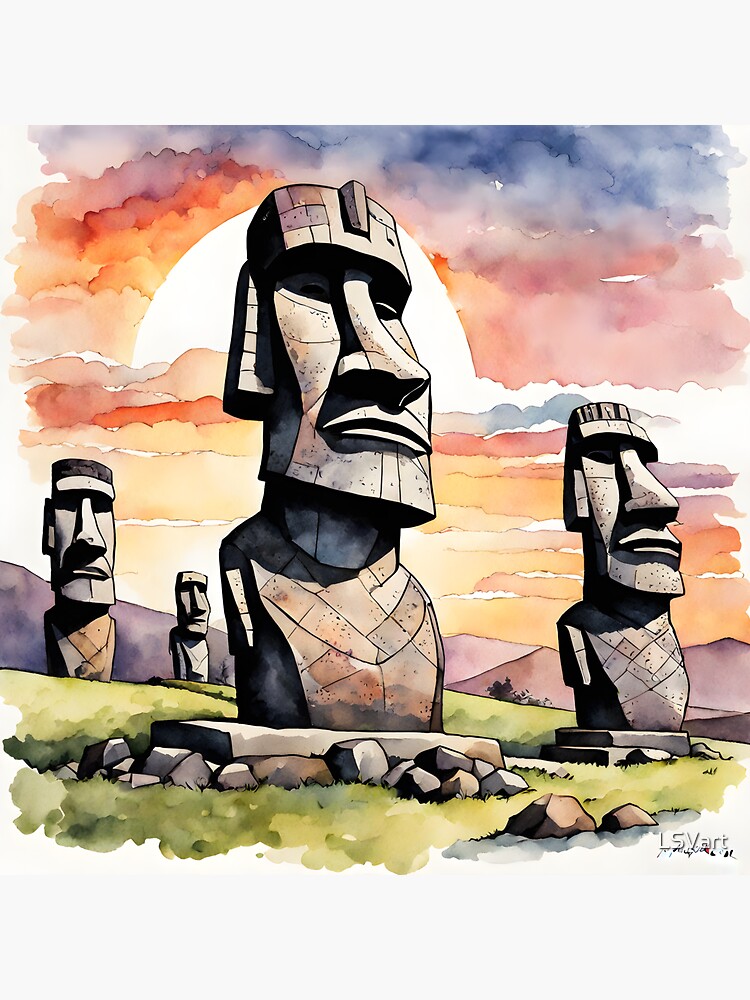 "Easter Island Moai Statues at Sunset: Watercolor Highlight" Sticker ...