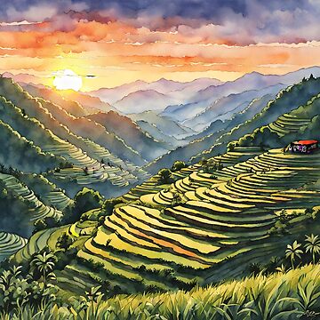 "Philippines Sunset: Banaue Rice Terraces Watercolor Beauty" Sticker ...