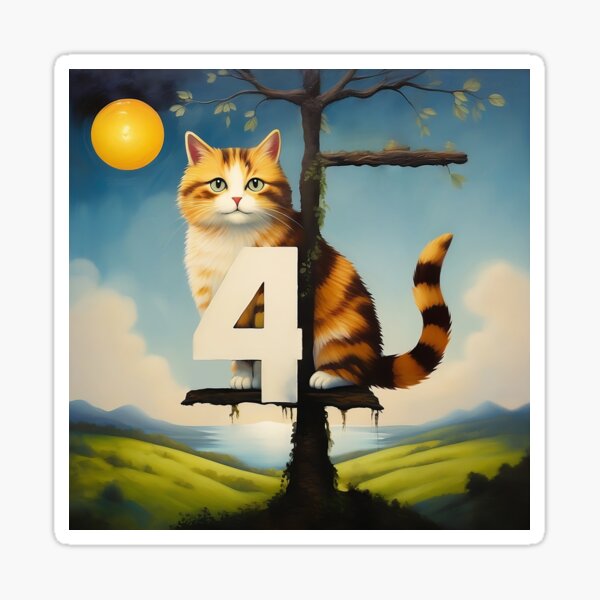 "Number Four with Cat | Numerals | Cat Illustration | Cat Art" Sticker ...