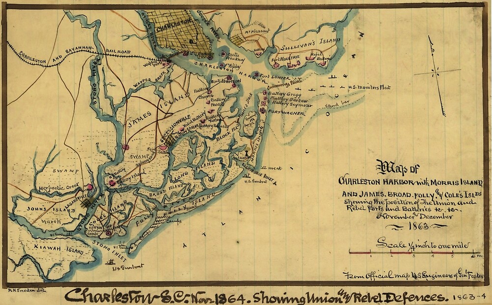 "Vintage Charleston Harbor Battle Map (1865)" by BravuraMedia | Redbubble
