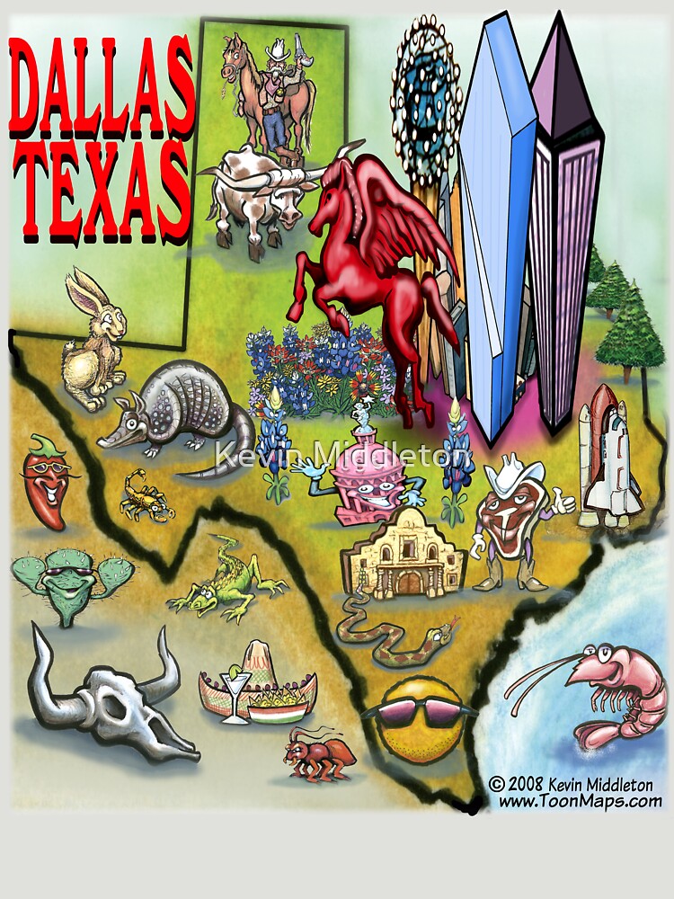 "Dallas Texas Cartoon Map" T-shirt by kevinmiddleton | Redbubble