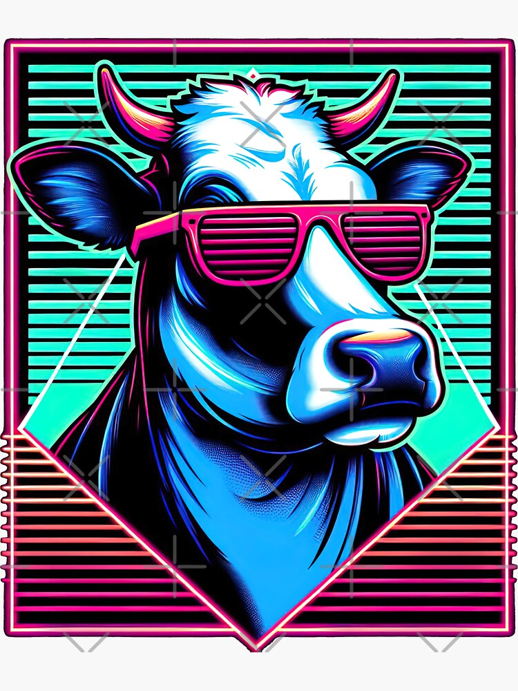 "Synthwave Cow with Sunglasses Retrowave 80s Vaporwave Style" Sticker ...