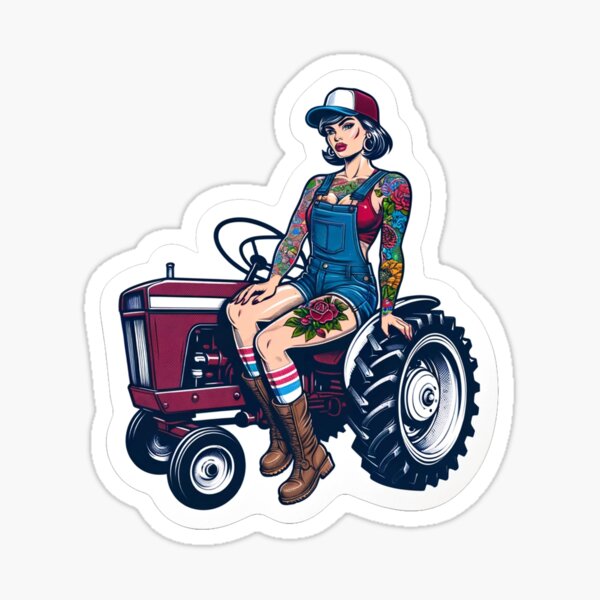 "Pinup Farm Girl on a Tractor" Sticker for Sale by PinUpPizzazz | Redbubble