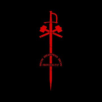 "iron sharpens iron - chi rho symbol with sword and hammer - red design ...