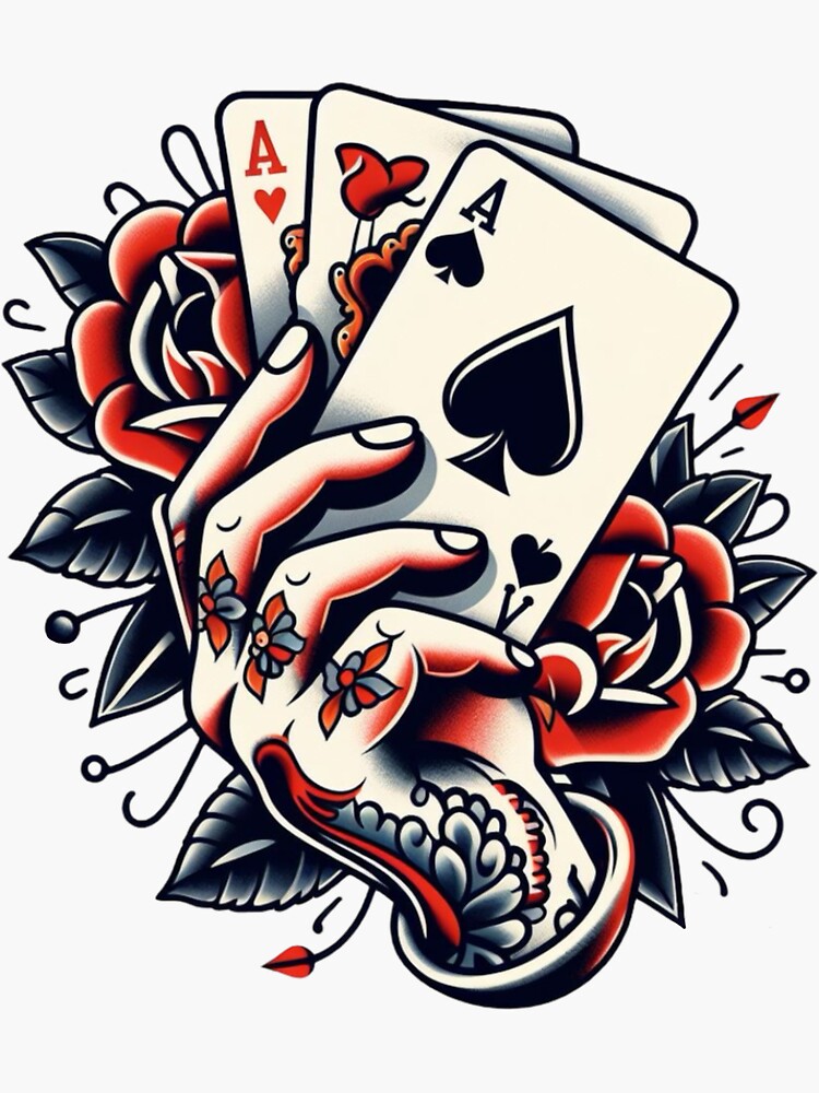 " Playing Cards & Roses Flash Tattoo Art Design" Sticker for Sale by ...