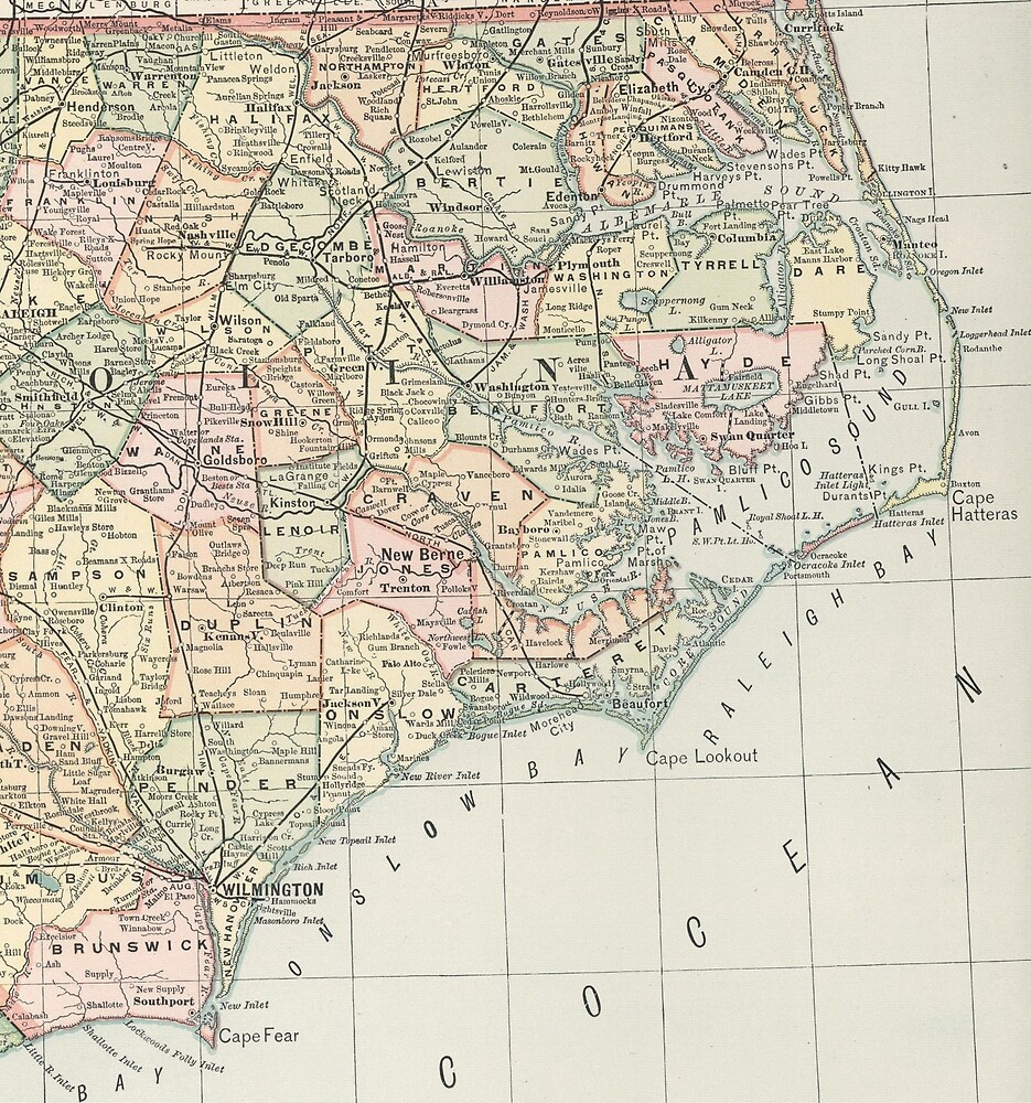 "Vintage Map of Eastern North Carolina (1891)" by BravuraMedia | Redbubble