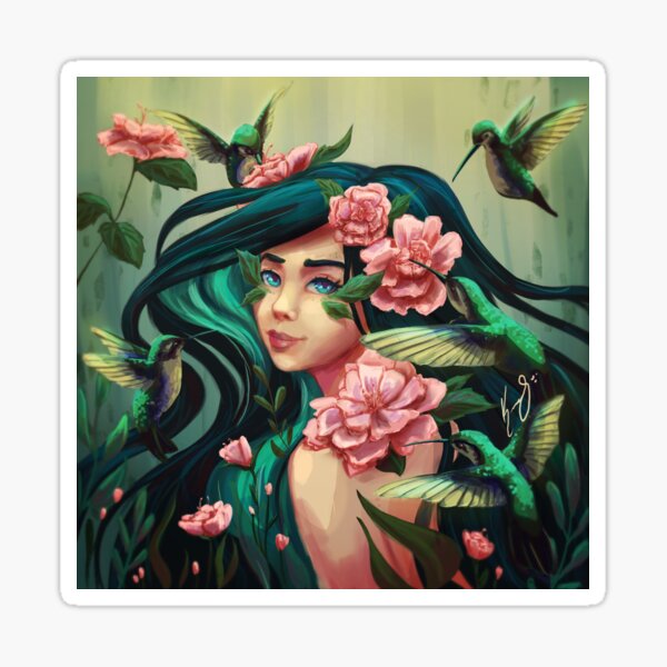 "Beautiful girl surrounded by hummingbirds and roses" Sticker by ...