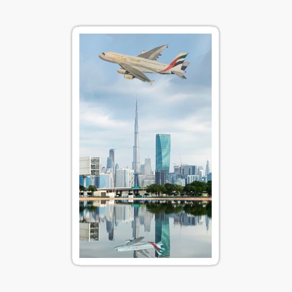 "Emirates Airbus A380 flying over Dubai" Sticker for Sale by mazarte ...