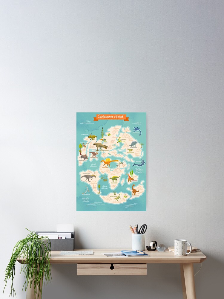 "Prehistoric World Map of the Cretaceous Period with plants, dinosaurs ...