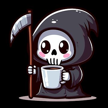 "Cute Grim Reaper Sipping Coffee - Adorable Fantasy Art" Sticker for ...