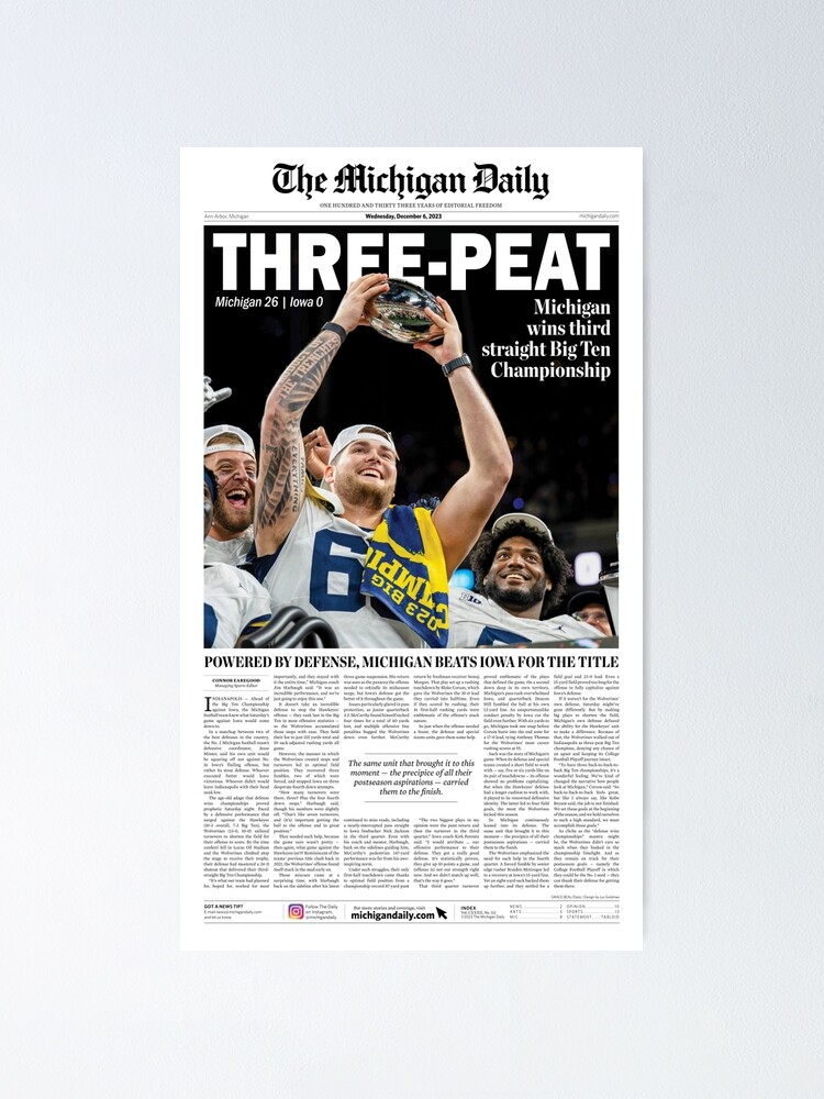 "The Michigan Daily Front Cover 12/6/23 (Big Ten Championship)" Poster ...