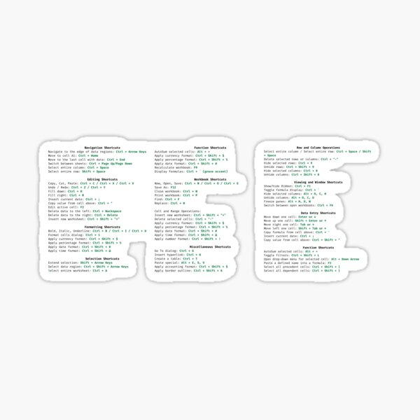 "EXCEL Cheat Sheet 80+ Shortcuts" Sticker for Sale by Le Cafe Code ...