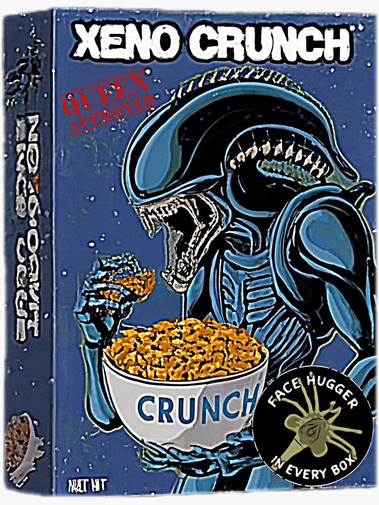 "XENO CRUNCH - Alien Cereal" Sticker for Sale by PETRIPRINTS | Redbubble