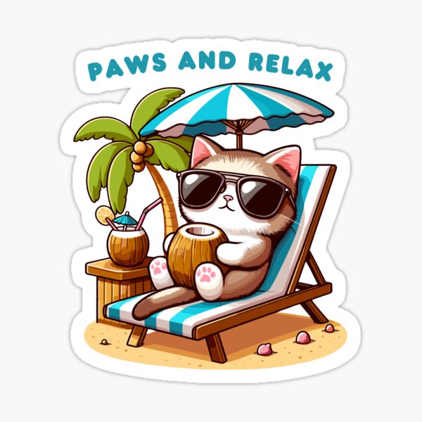 "Paws and Relax - Cute Funny Tropical Cat" Sticker by GeoArtAdventure ...