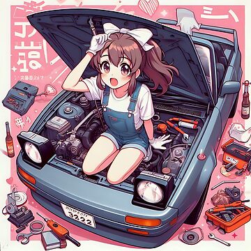 "Cute Anime Girl Mechanic Posing On Car" Sticker for Sale by ...